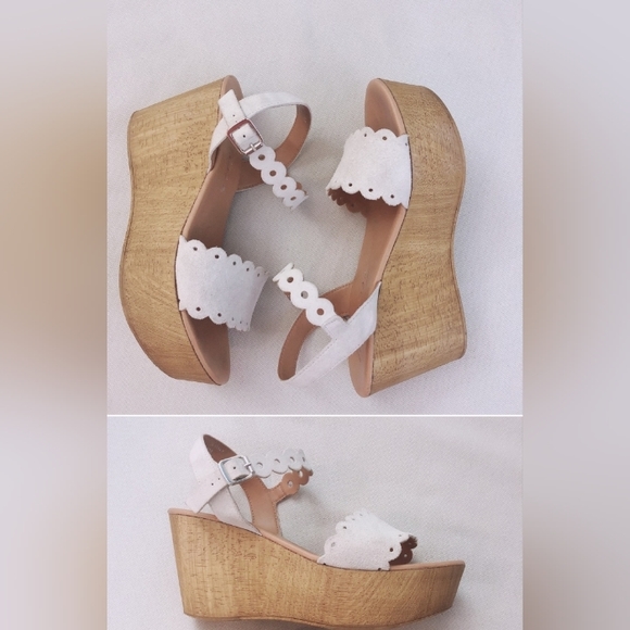 Anthropologie | Shoes | Nib White Scalloped Suede Wooden Platform Wedge ...